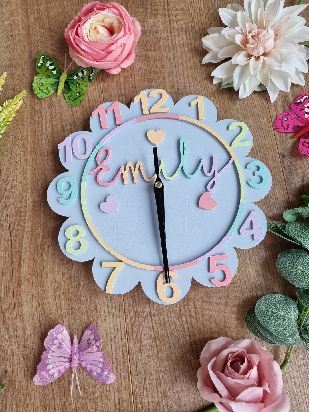 Rainbow Flower Clock Personalised Pastel Rainbow Clock Handmade ...
