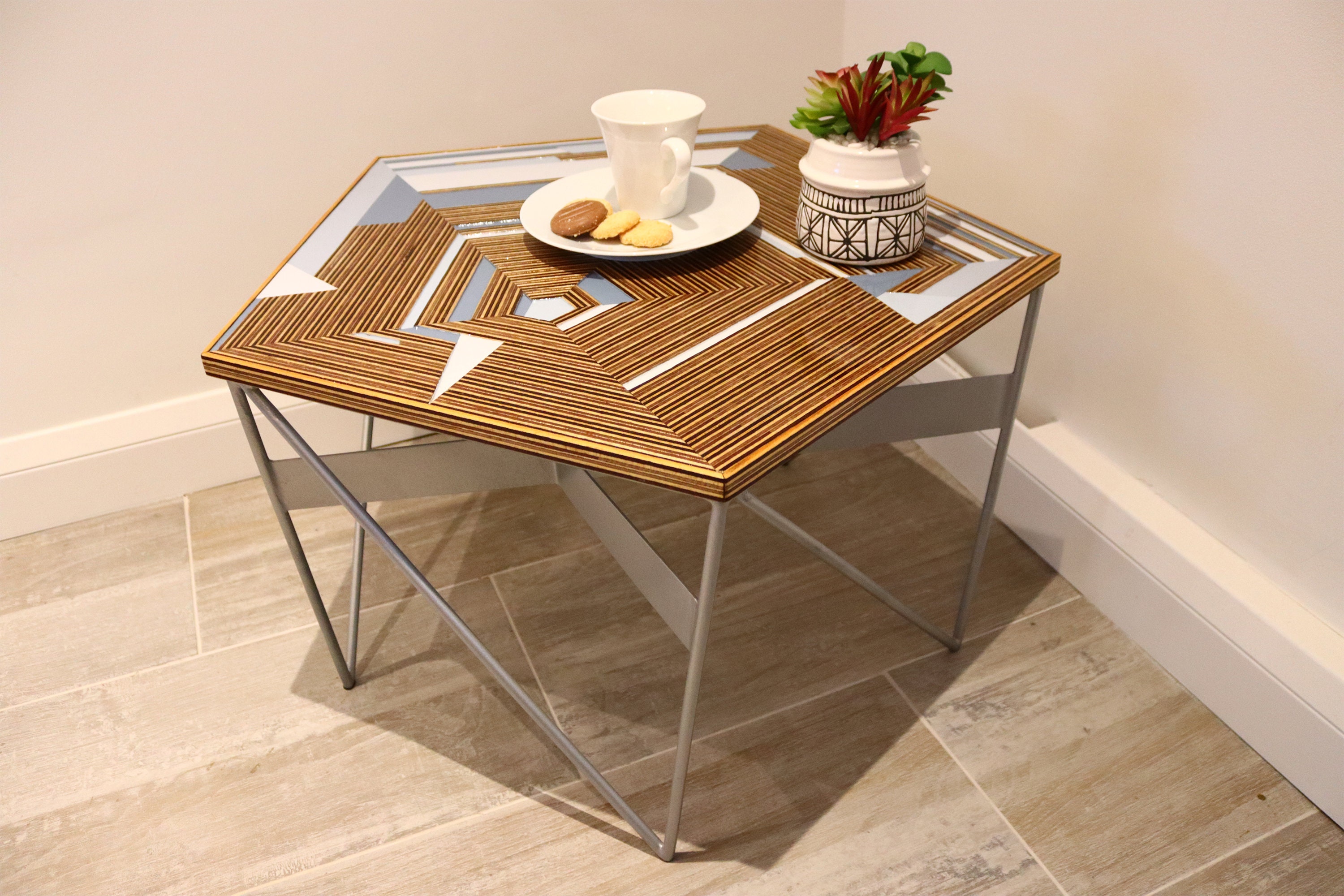 Pentagon Coffee Table, Handmade Plywood Veneer Top, Welded Steel Frame ...