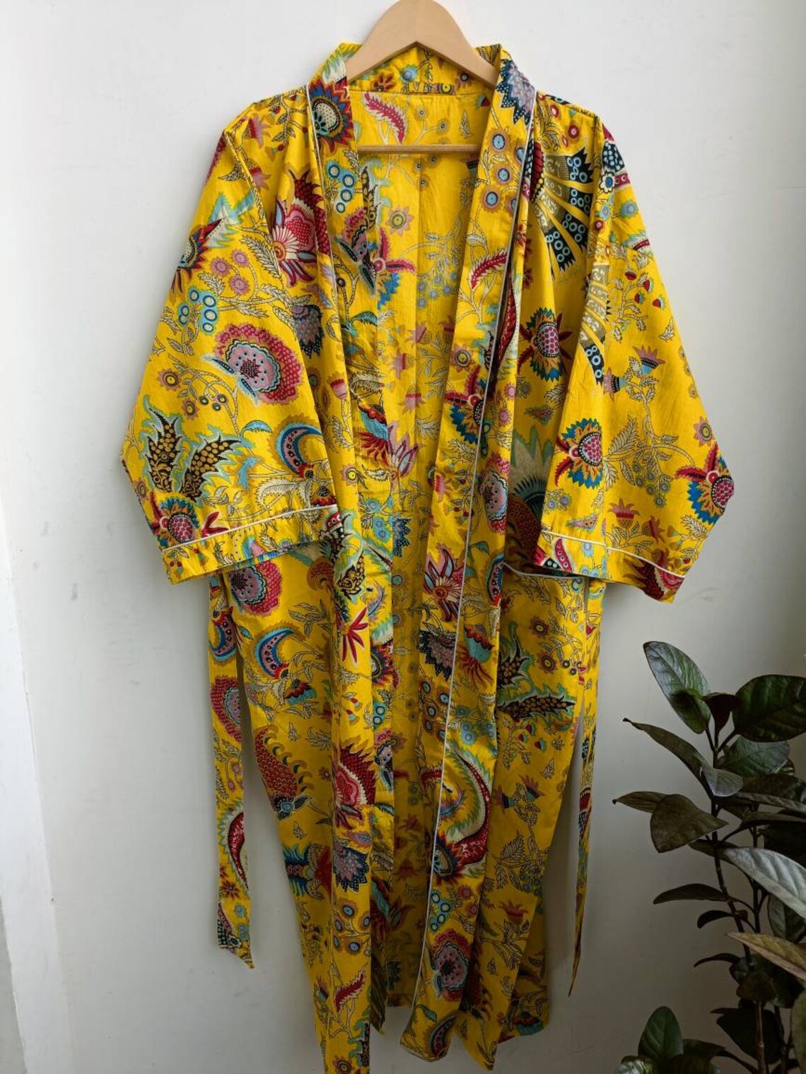 Yellow Mukut Printed Cotton Kimono Robe Organic Kimono Natural Linen ...