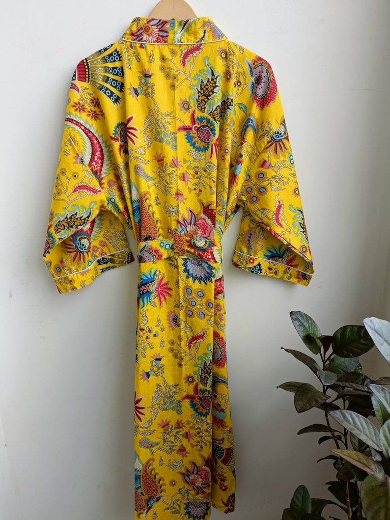 Yellow Mukut Printed Cotton Kimono Robe Organic Kimono Natural Linen ...