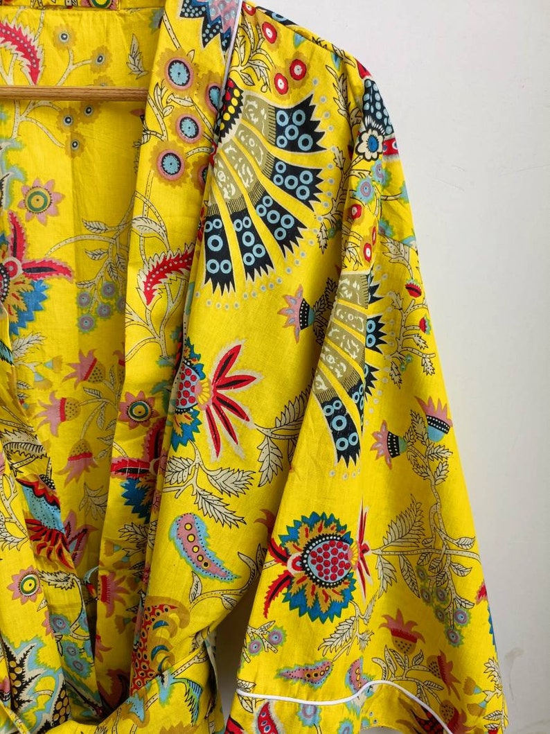 Yellow Mukut Printed Cotton Kimono Robe Organic Kimono Natural Linen ...