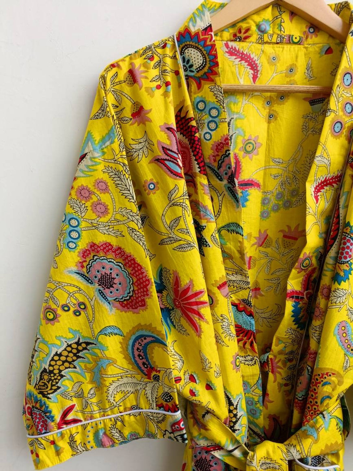 Yellow Mukut Printed Cotton Kimono Robe Organic Kimono Natural Linen ...