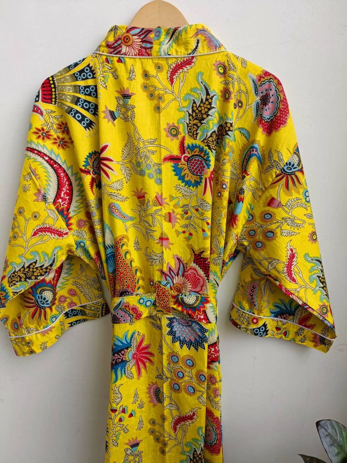 Yellow Mukut Printed Cotton Kimono Robe Organic Kimono Natural Linen ...