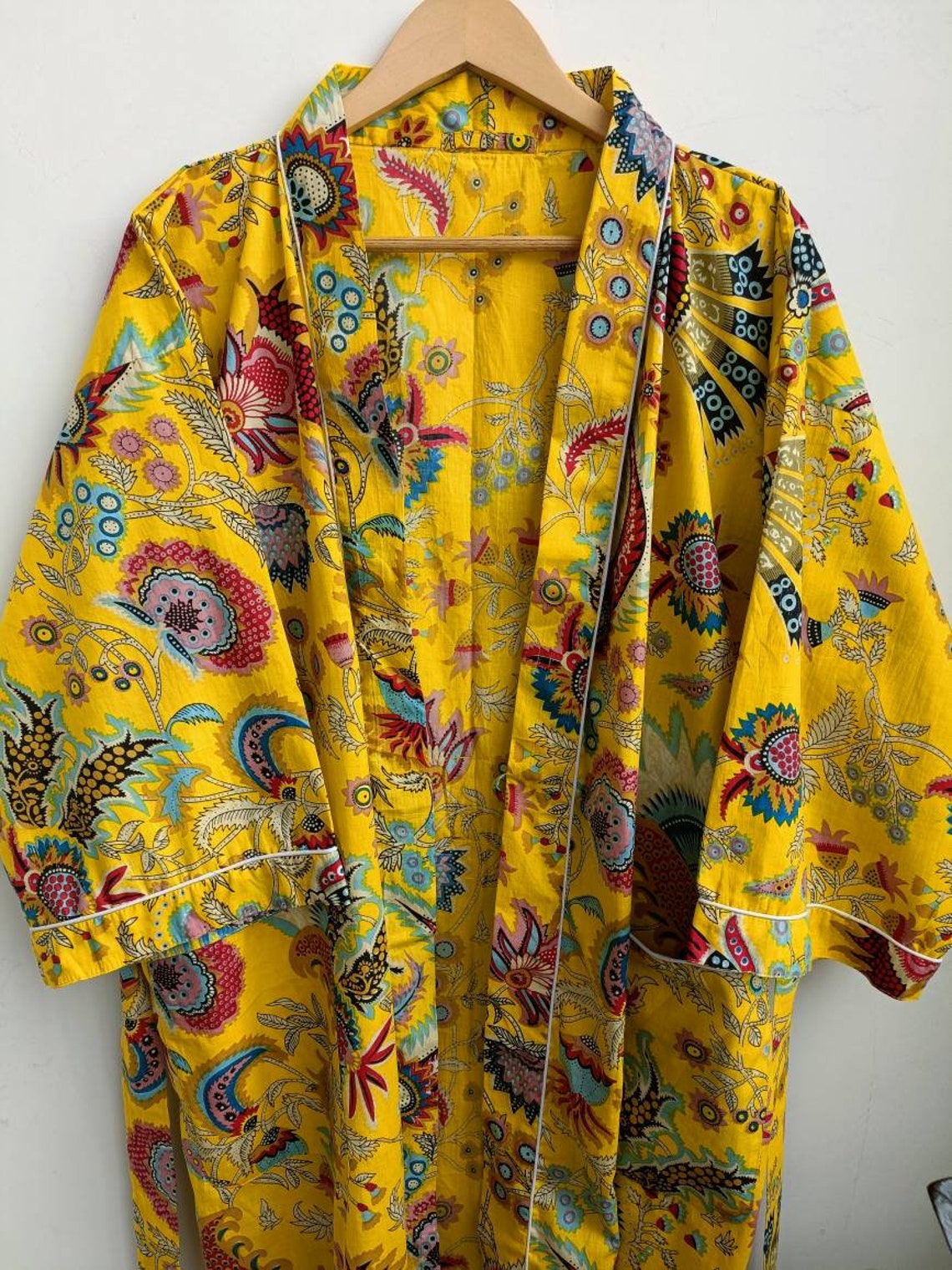 Yellow Mukut Printed Cotton Kimono Robe Organic Kimono Natural Linen ...