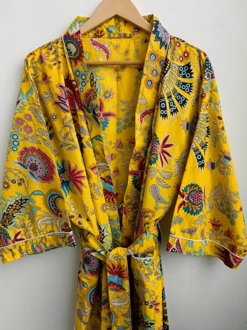 Yellow Mukut Printed Cotton Kimono Robe Organic Kimono Natural Linen ...
