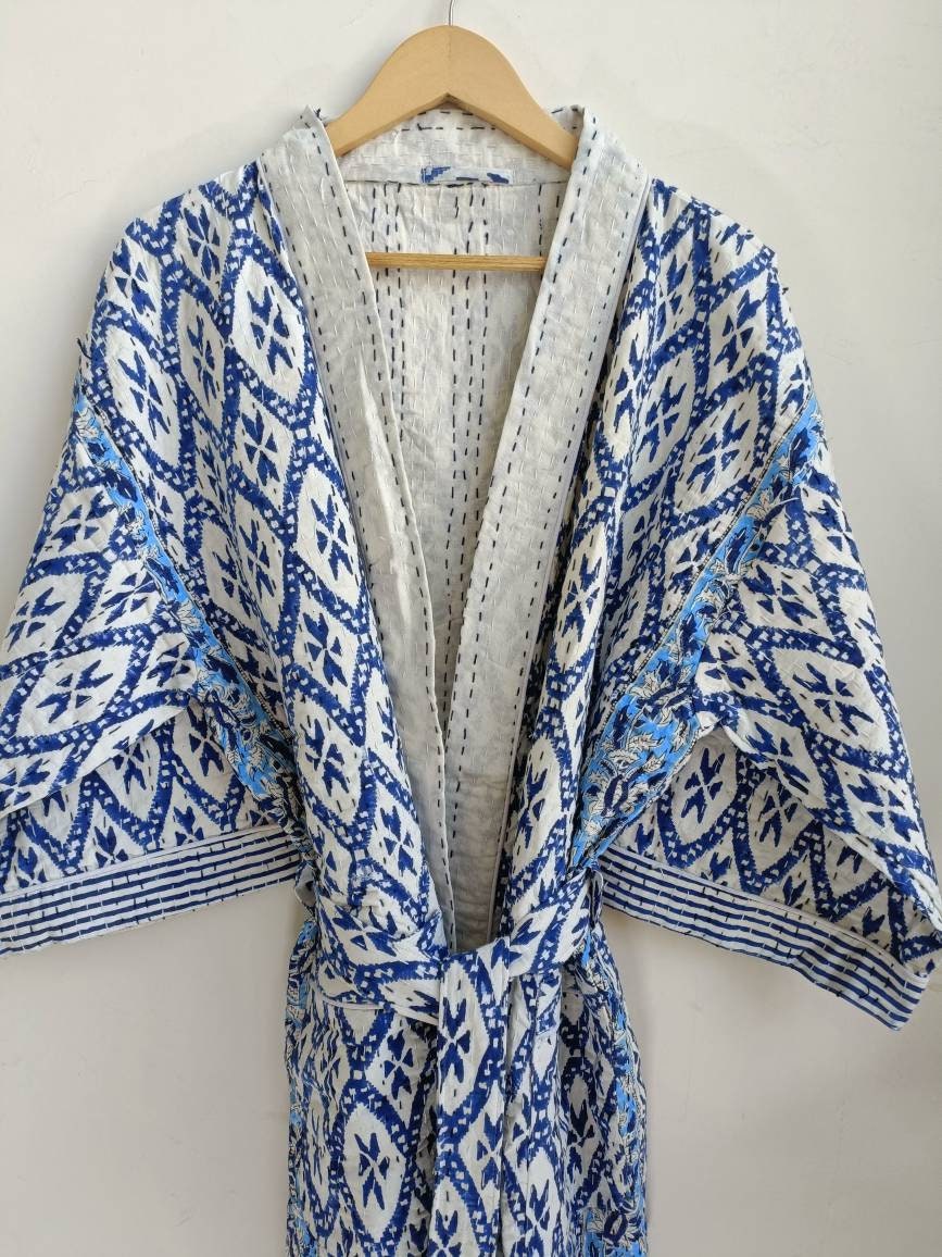 Indian Handmade Kantha Kimono Robe Double Cotton Layer Stitched Kantha ...