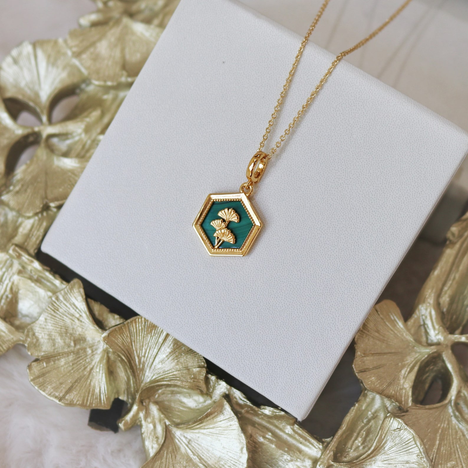 Dainty Hexagon Malachite Stone With Gingko Leaf in 925 Sterling Silver ...