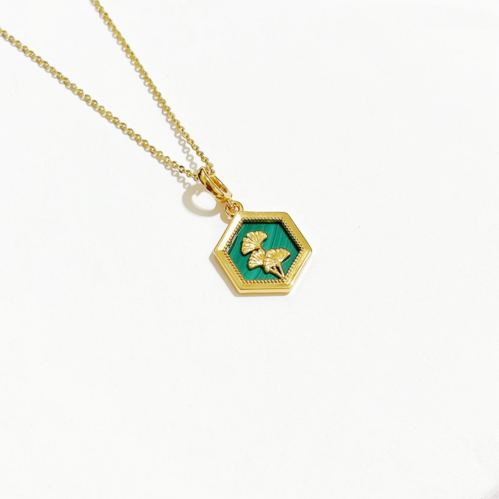 Dainty Hexagon Malachite Stone With Gingko Leaf in 925 Sterling Silver ...