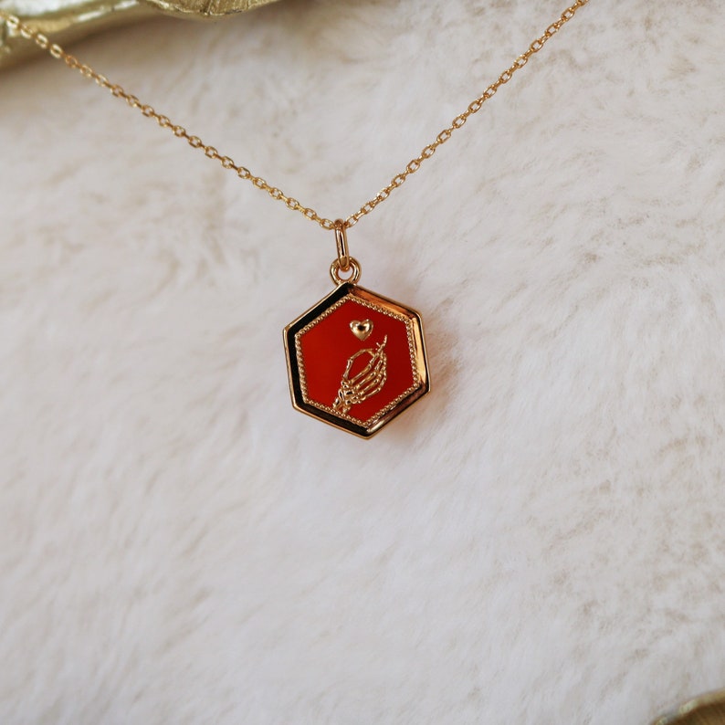 Dainty Hexagon Carnelian Stone With Skeleton Hand in 925 Sterling ...