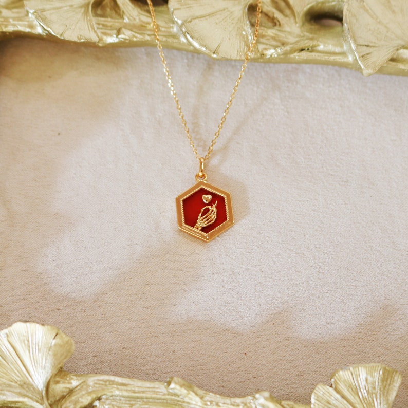 Dainty Hexagon Carnelian Stone With Skeleton Hand in 925 Sterling ...