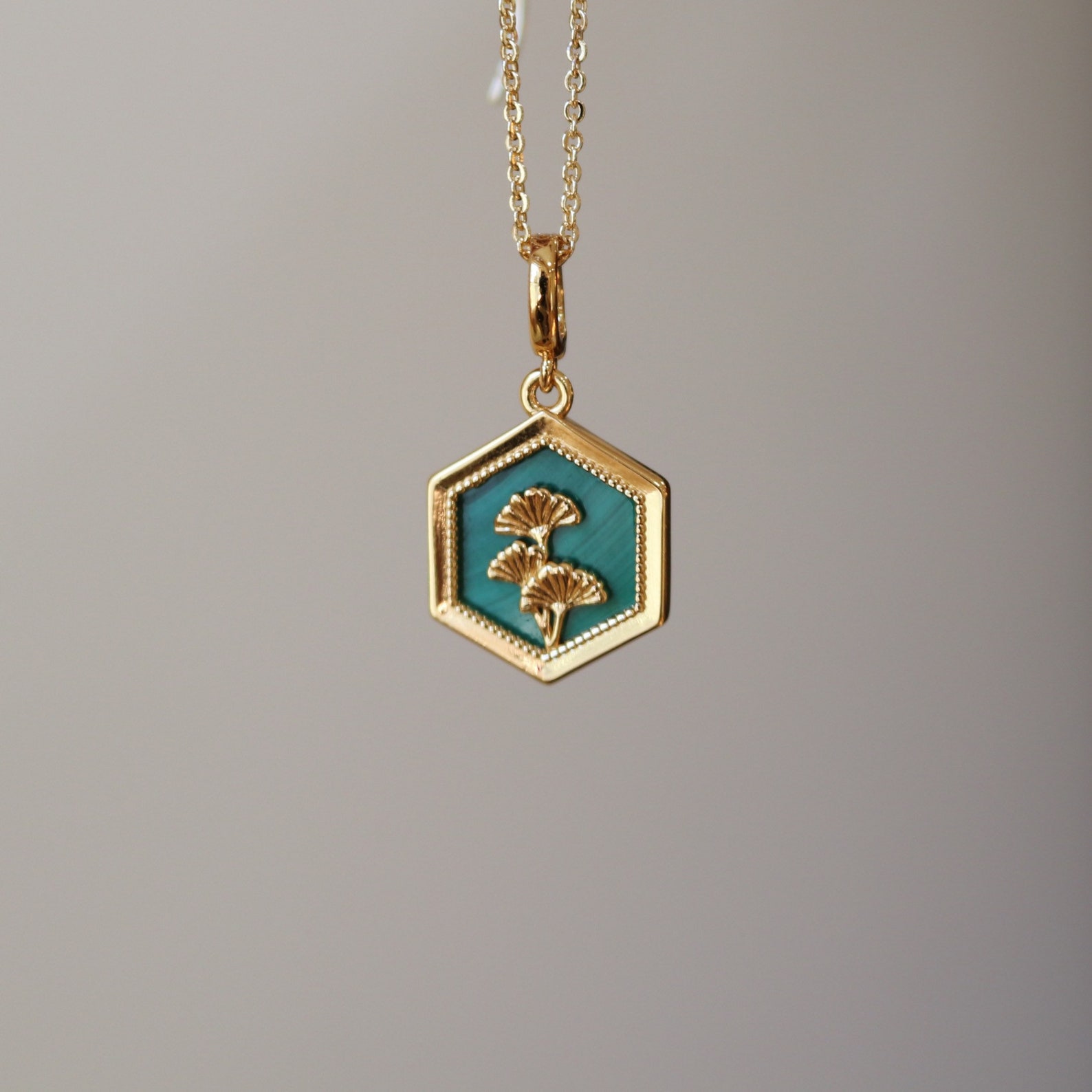 Dainty Hexagon Malachite Stone With Gingko Leaf in 925 Sterling Silver ...