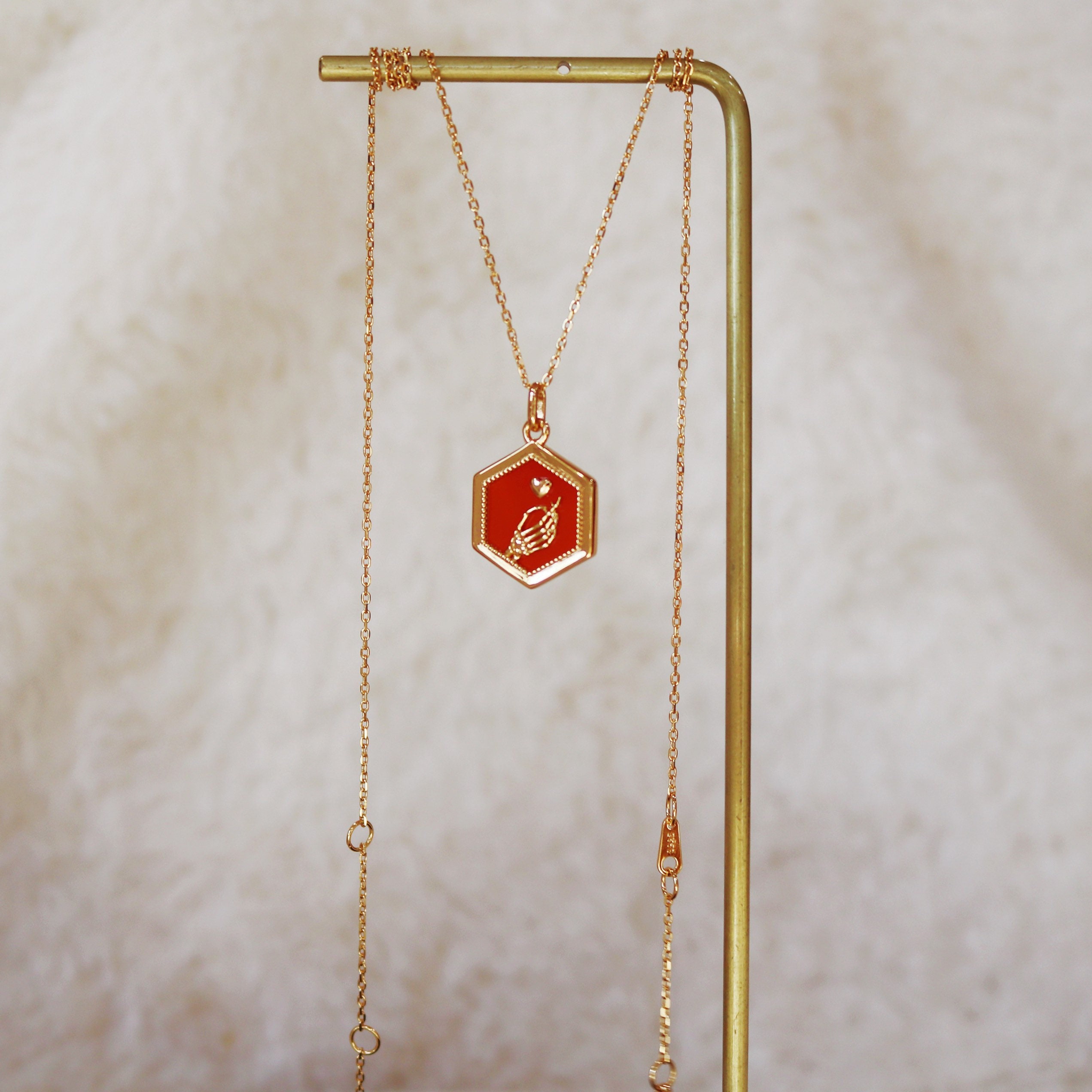 Dainty Hexagon Carnelian Stone With Skeleton Hand in 925 Sterling ...