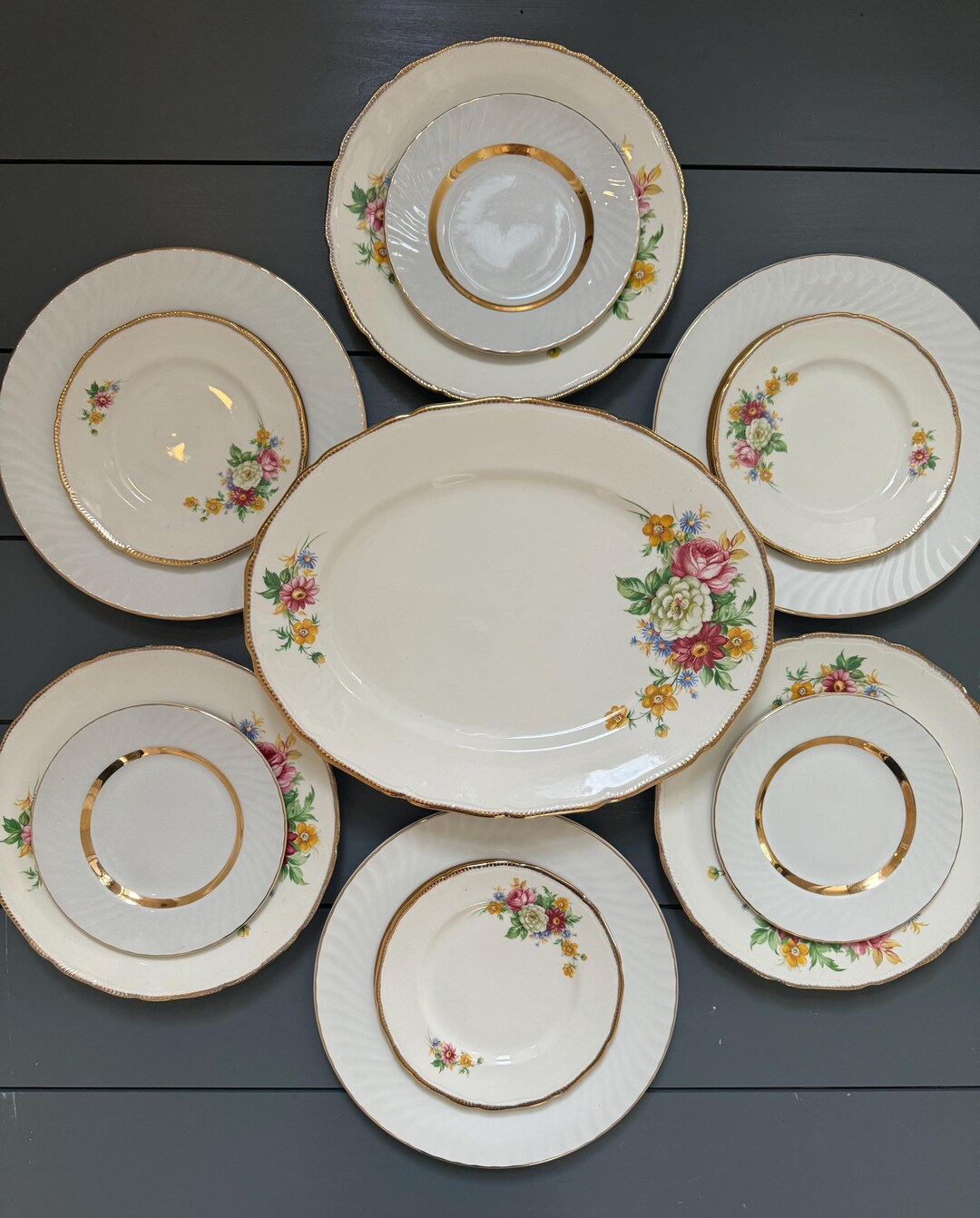 13 Pc Vintage Dinner Set - Mismatched Co-ordintated Antique Plates and ...