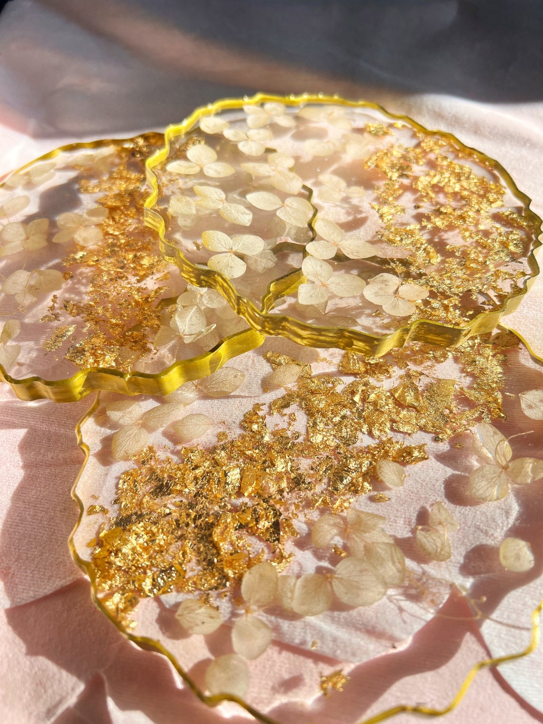 Floral and Gold Resin 2 Set Coasters Croquette Decor Handmade Gifts ...