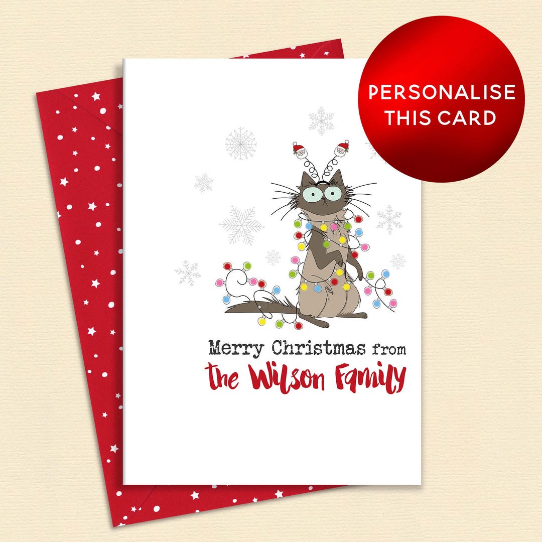 Cat Fairy Lights Custom Christmas Cards Personalised Christmas Cards ...