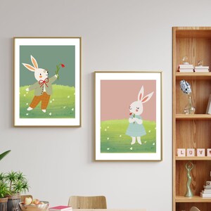 Set of 2 Colorful Rabbits Vintage, Animal Print, Spring Decor, Bunnies ...