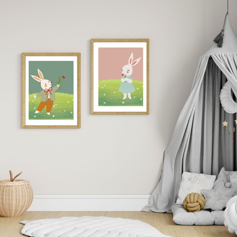 Set of 2 Colorful Rabbits Vintage, Animal Print, Spring Decor, Bunnies ...