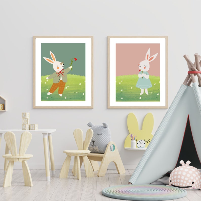 Set of 2 Colorful Rabbits Vintage, Animal Print, Spring Decor, Bunnies ...