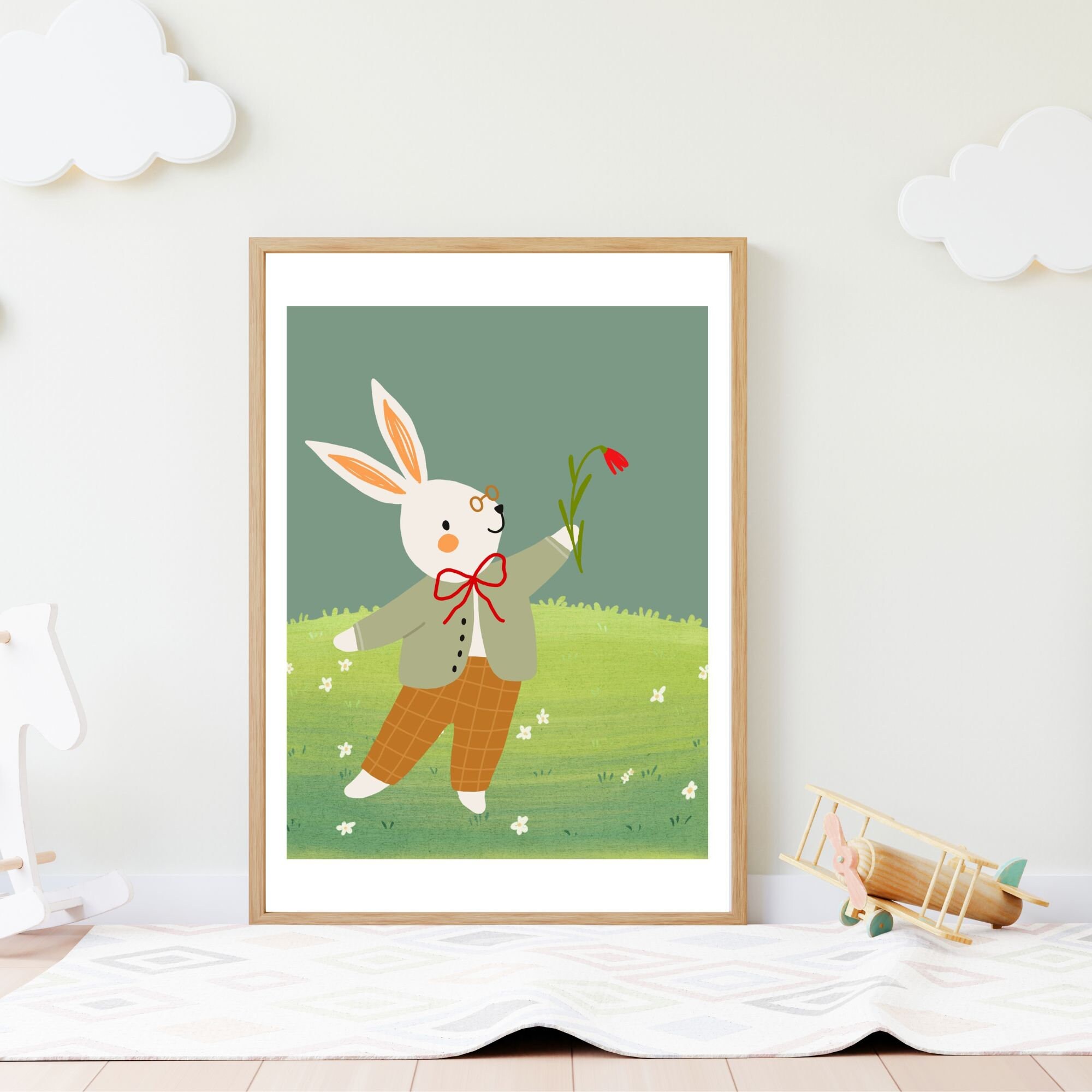 Set of 2 Colorful Rabbits Vintage, Animal Print, Spring Decor, Bunnies ...