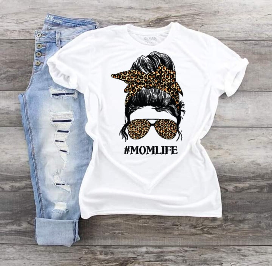 T Shirt Messy Bun Mom Life Momlife Cheetah Print Life Etsy