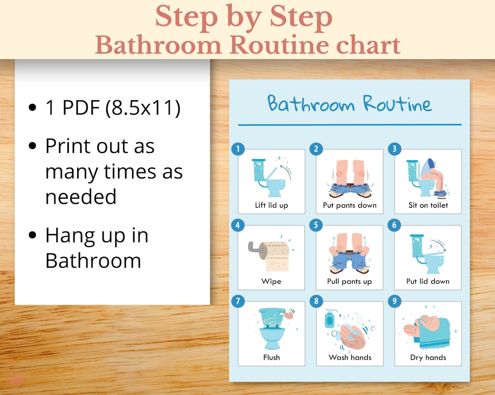 Step by Step Bathroom Routine and Potty Training Chart and Cards ...