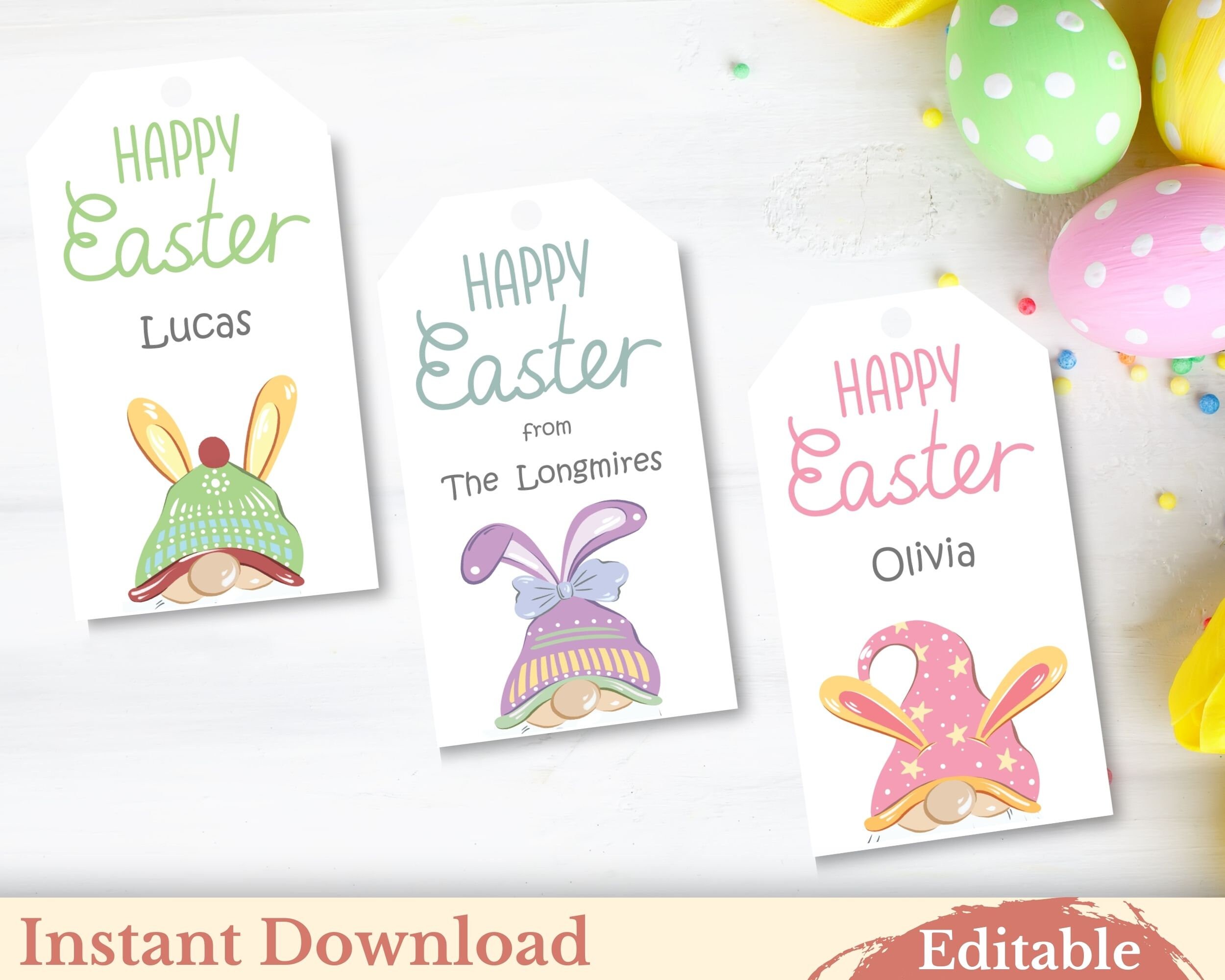 Editable Easter Basket Tags Gnome, Personalized Printable Easter Tag ...