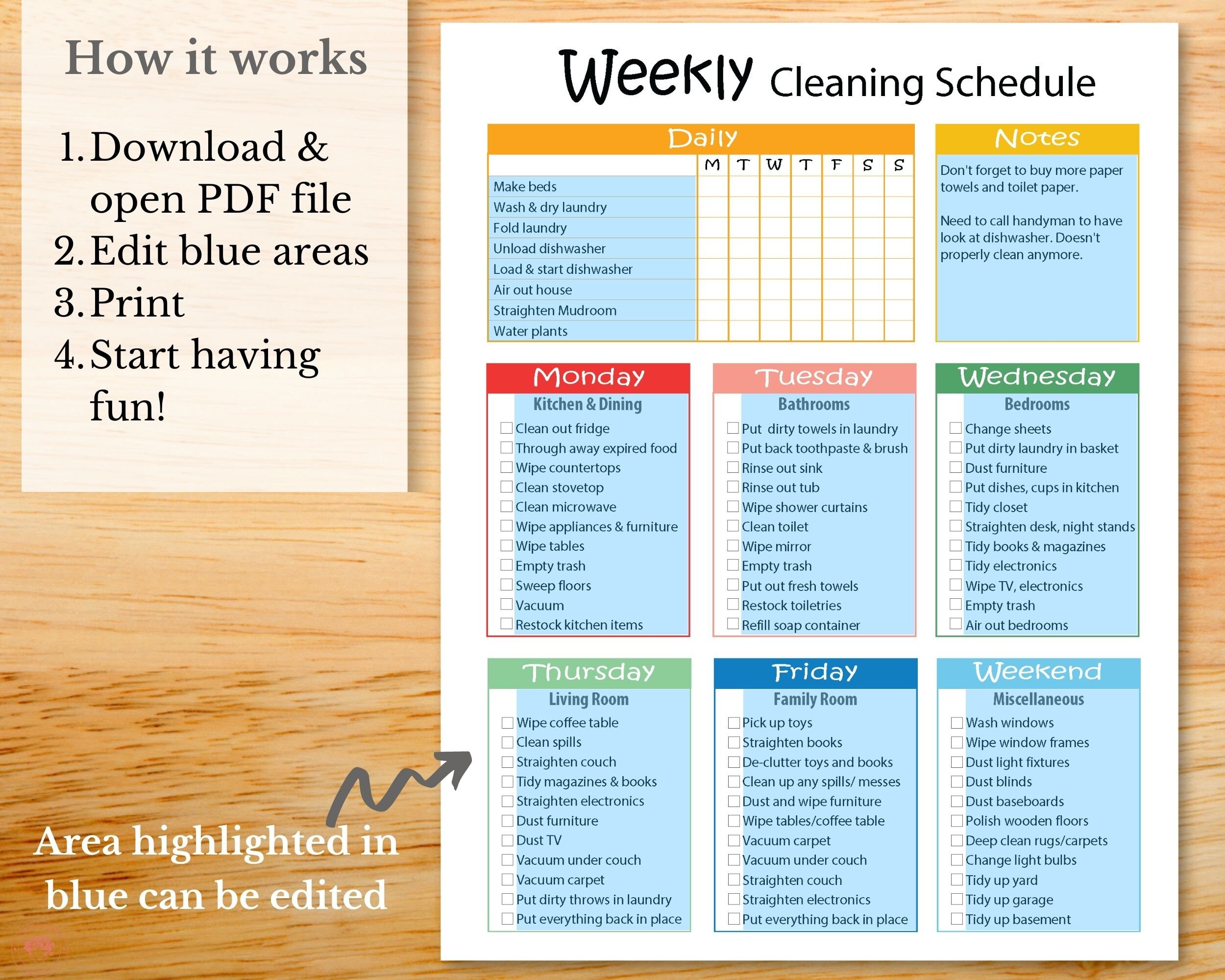 Easy Weekly Cleaning Schedule Editable for Families, Daily and Weekly ...
