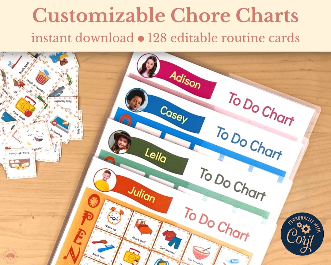 Chore Chart for Kids With Picture & Editable Chore Cards, Printable ...