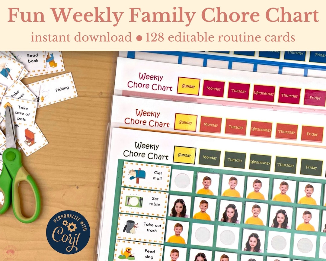 Weekly Family Chore Chart for Kids With Editable Chore Cards, Printable ...