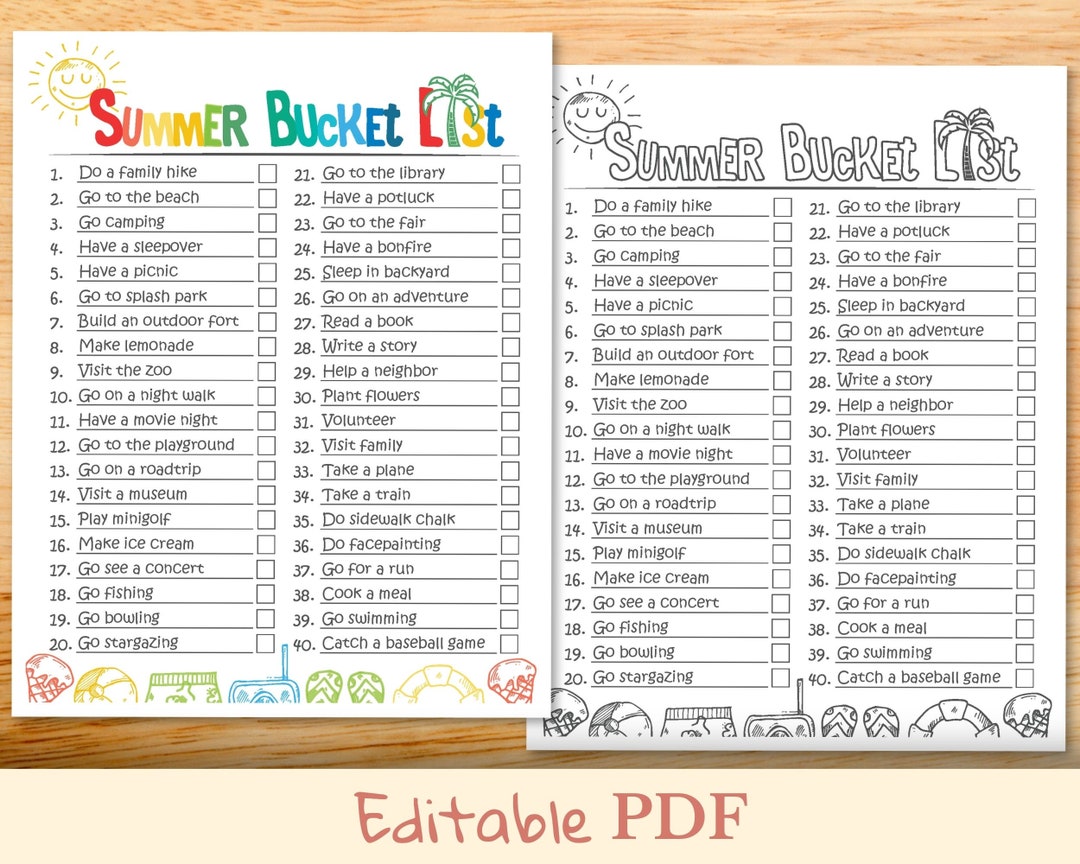 Editable Summer Bucket List for Kids, Bucket List Poster, Kids to Do ...