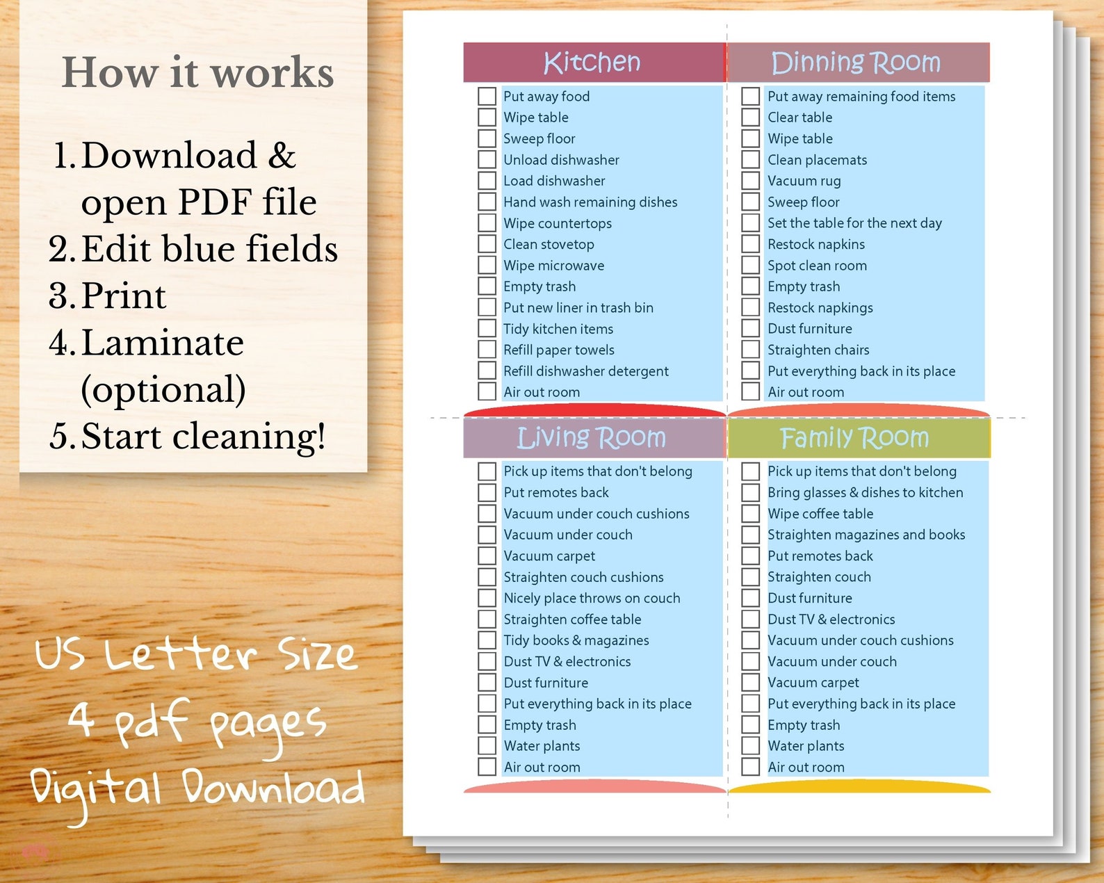 Fun Editable Zone Cleaning Cards for Families, Deep Cleaning Cards for ...