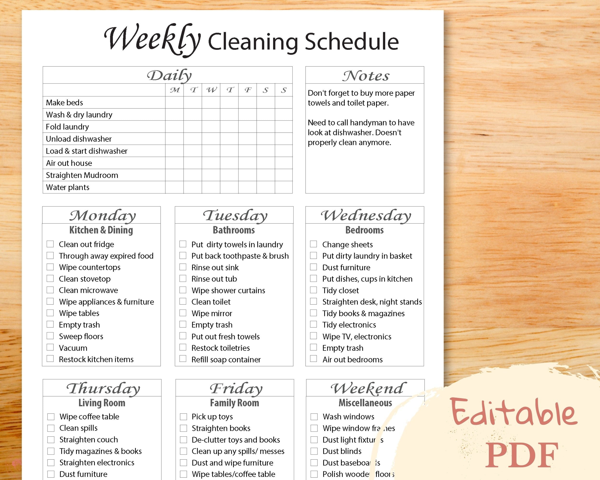 Minimalist Weekly Cleaning Schedule Editable, Daily and Weekly Cleaning ...