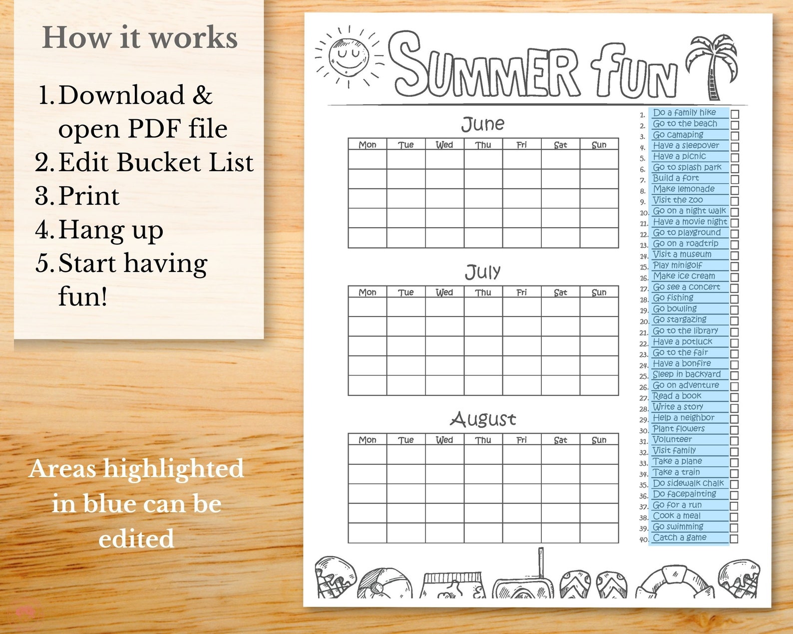 Summer Bucket List Schedule for Kids, Editable Bucket List, Kids Summer ...