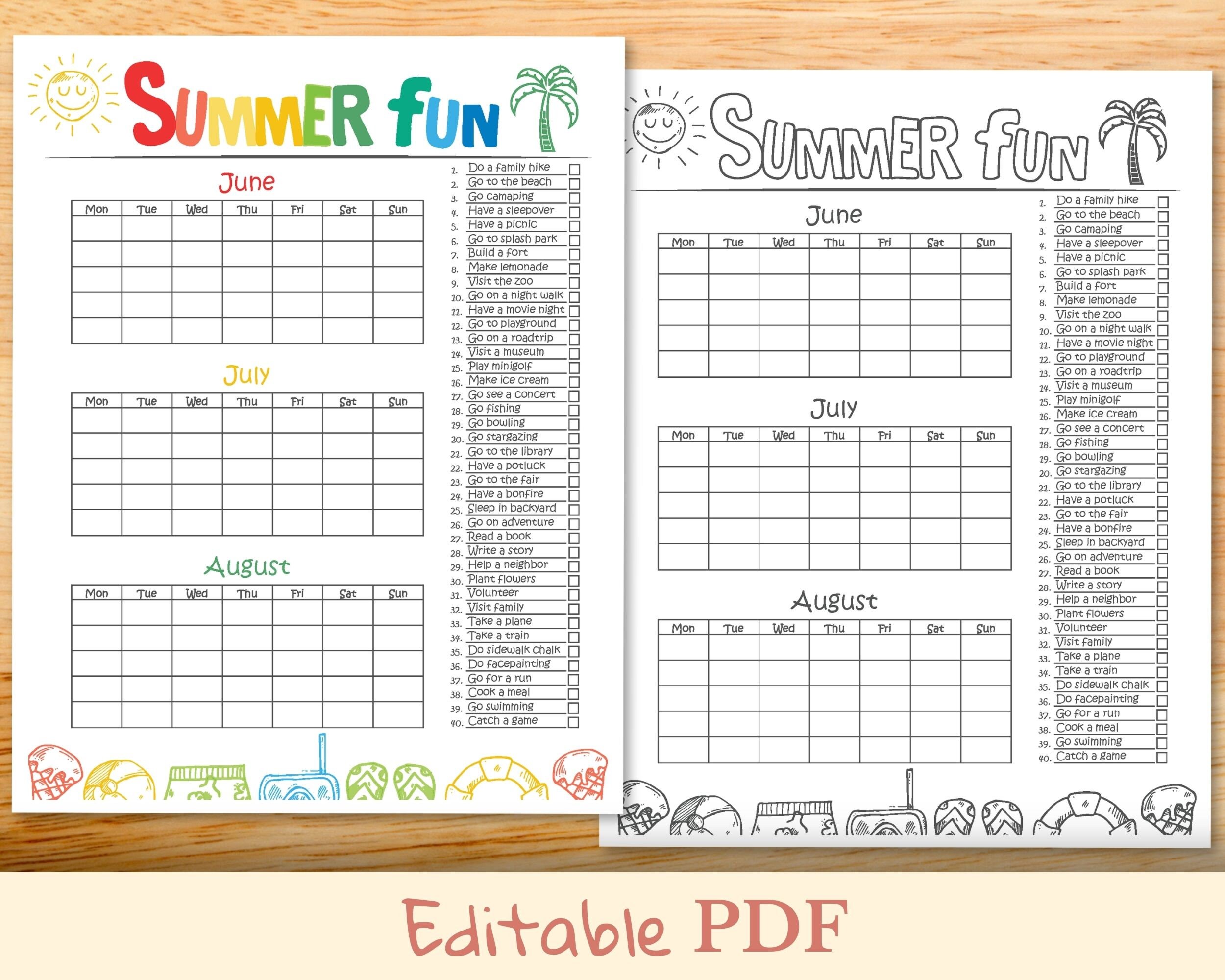Summer Bucket List Schedule for Kids, Editable Bucket List, Kids Summer ...