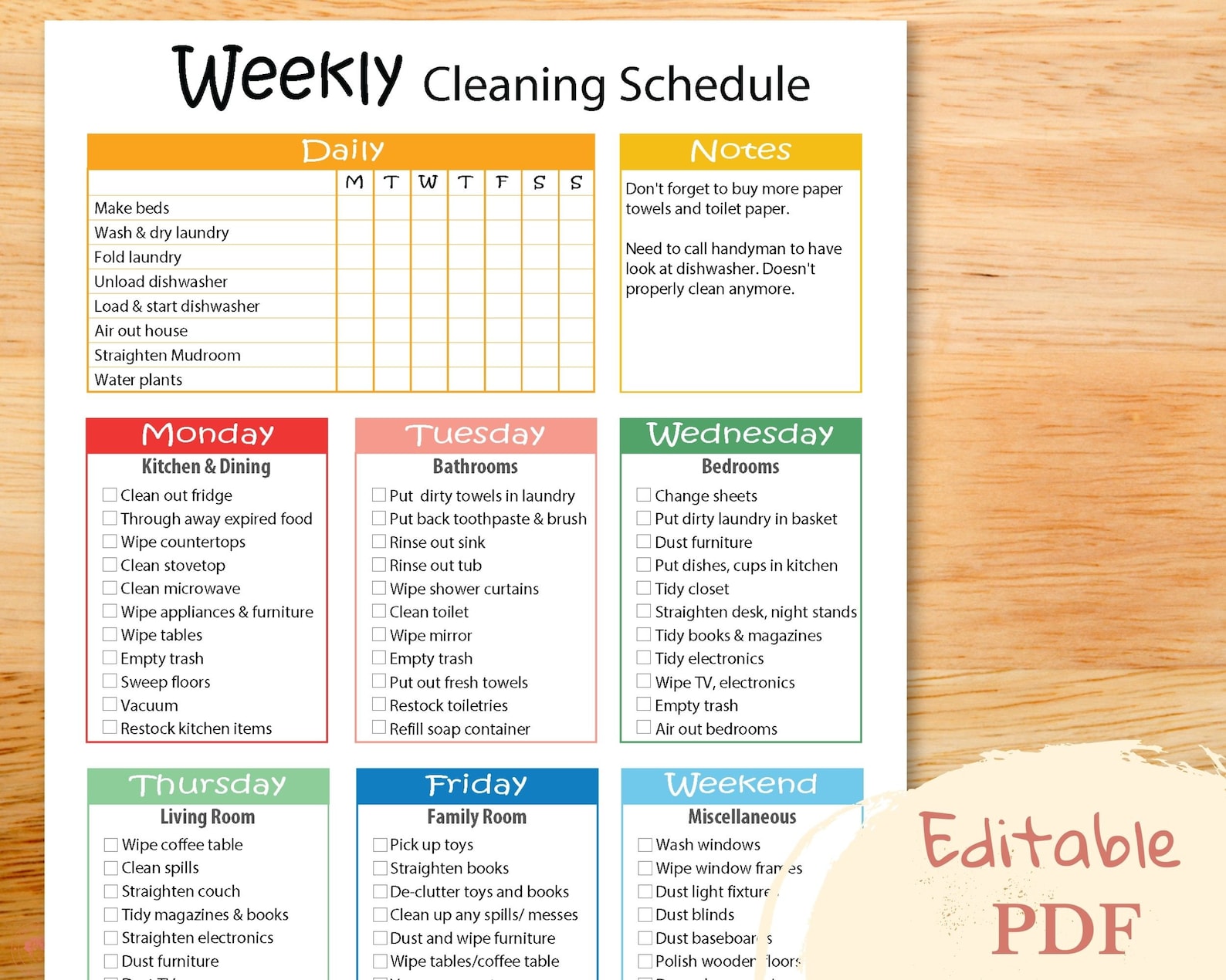 Easy Weekly Cleaning Schedule Editable for Families, Daily and Weekly ...