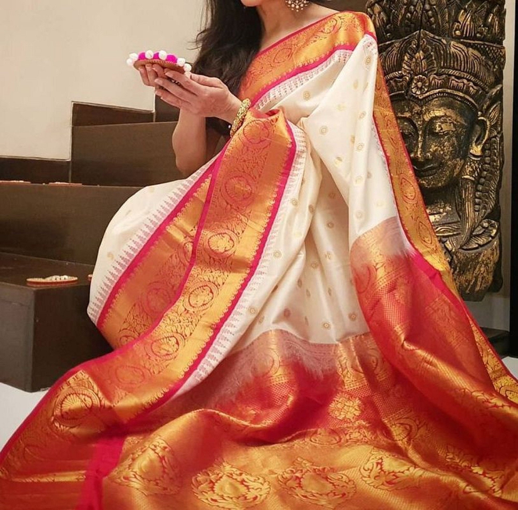 Traditional White And Red Saree
