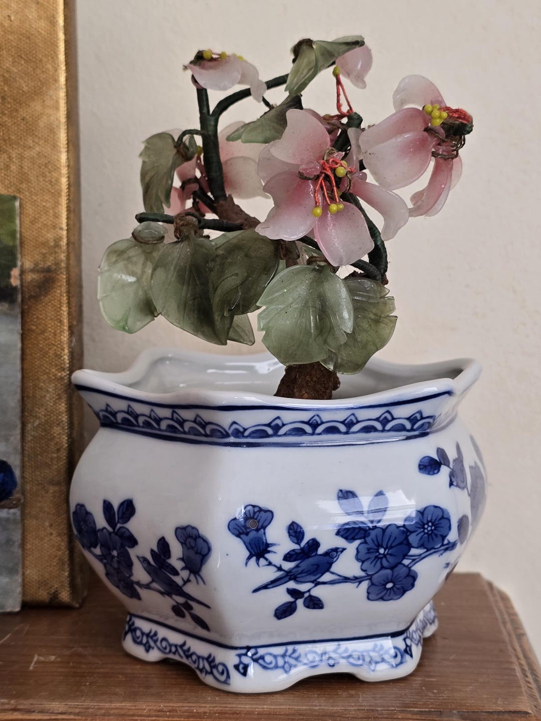 Vintage Carved Stone Flower Tree & Blue White Planter - Etsy