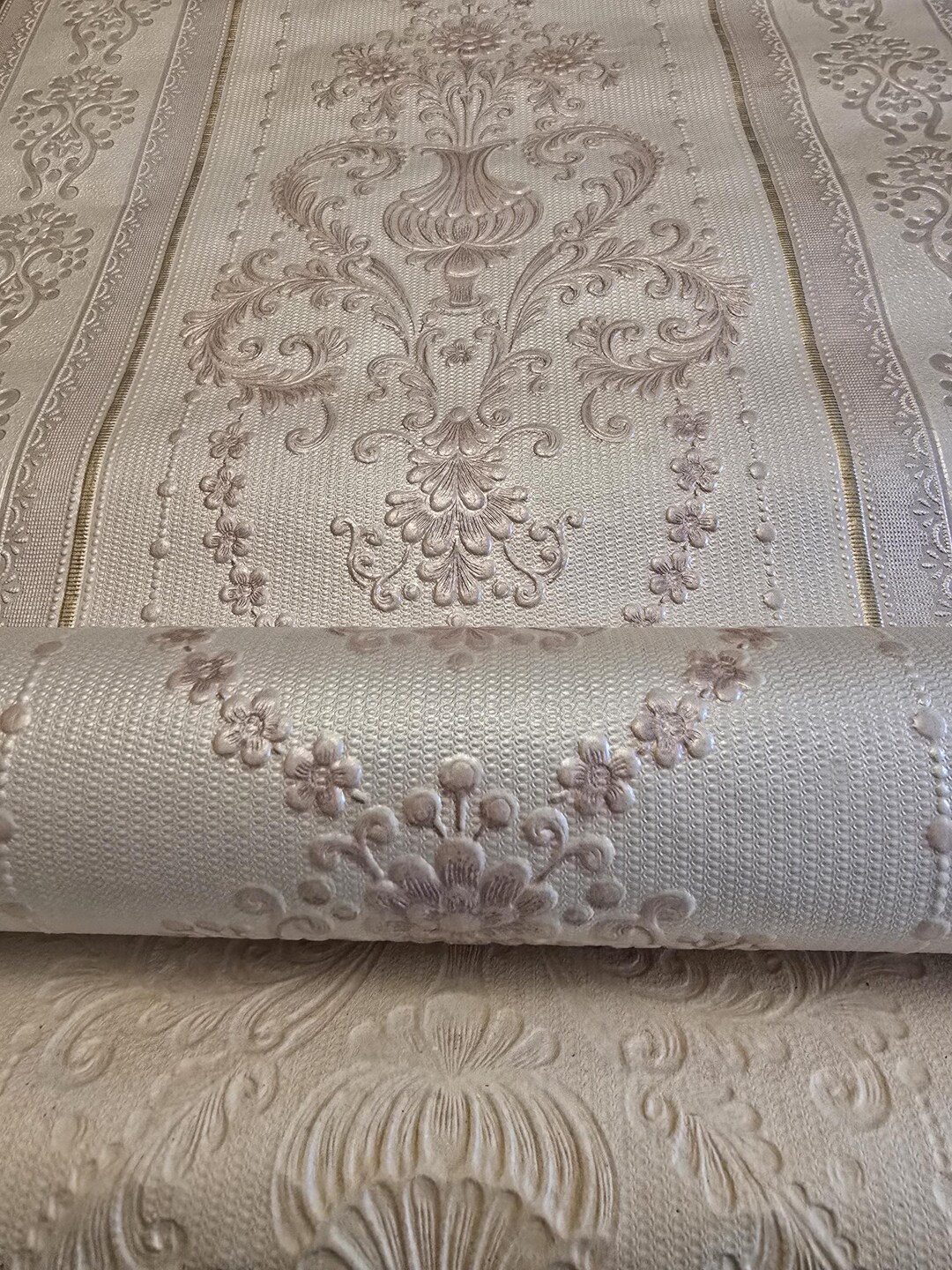 Vintage Embossed Vinyl Wallpaper Panel Baroque Floral Urn Design 52 X ...