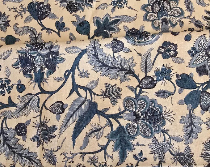 100% LINEN Fabric French Blue Block Print on Oatmeal Natur Linen ...