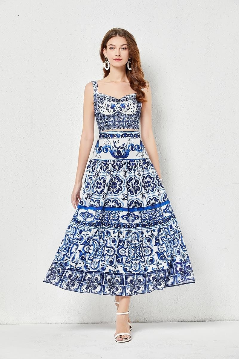 Porcelain Print Dress Tile Pattern Dress Two Piece Dress Blue White ...