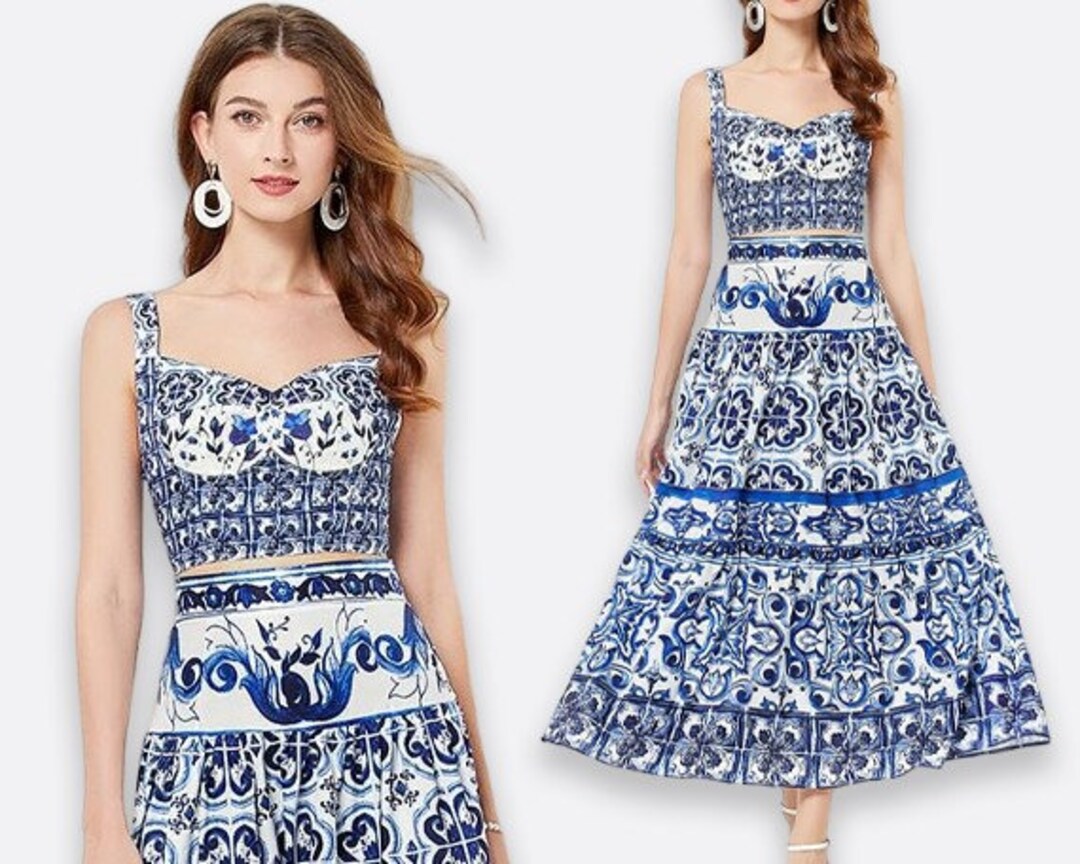 Porcelain Print Dress Tile Pattern Dress Two Piece Dress Blue White ...