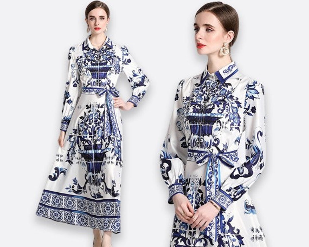 Porcelain Print Dress Tile Pattern Dress Blue White Dress Tile Print ...