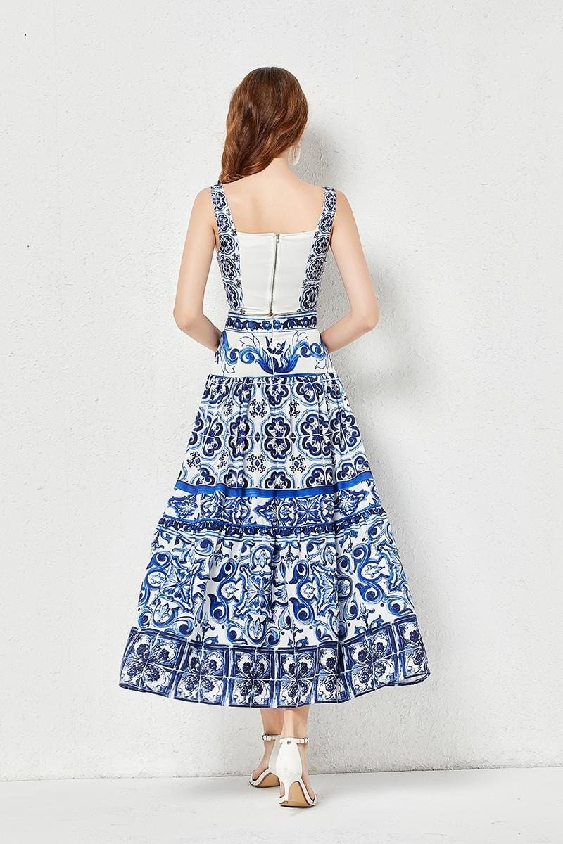 Porcelain Print Dress Tile Pattern Dress Two Piece Dress Blue White ...