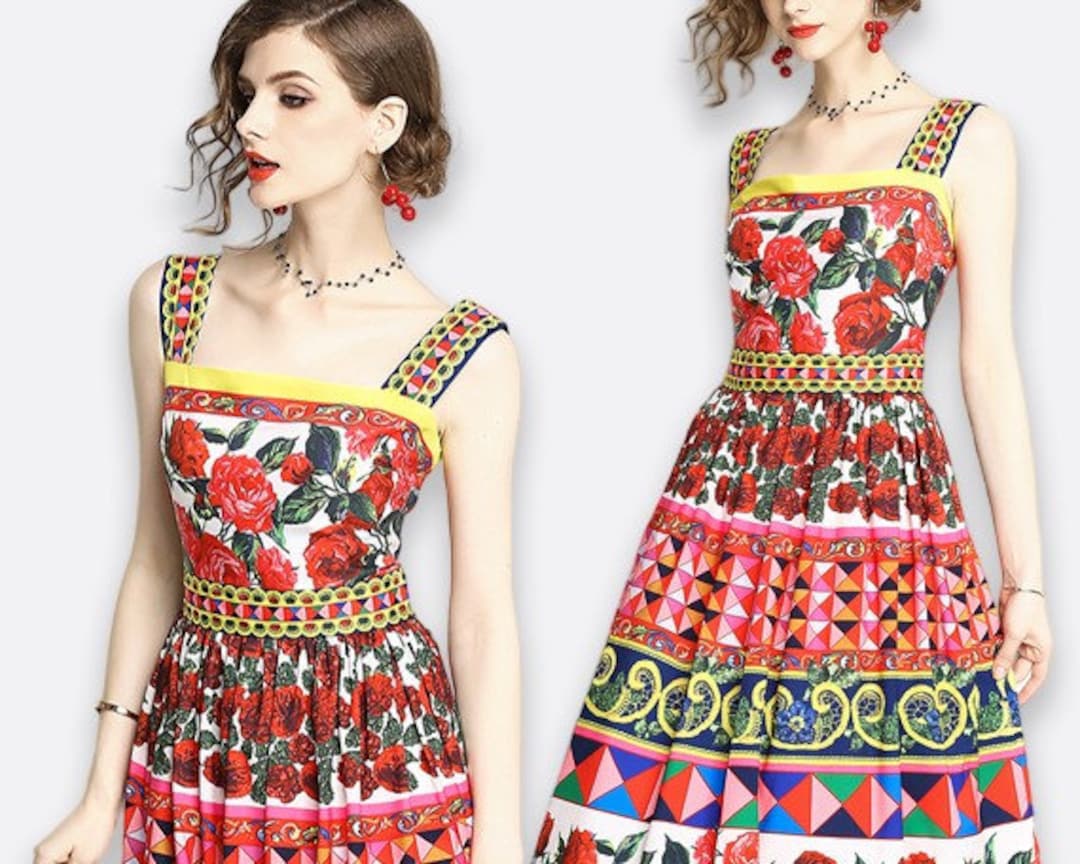 Sicilian Dress, Italian Dress Summer, Beach Print Dress, Bohemian Boho ...