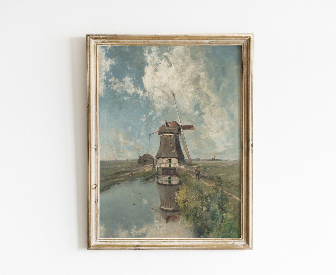 Windmill Painting | Windmill Print | Landscape Painting | River ...