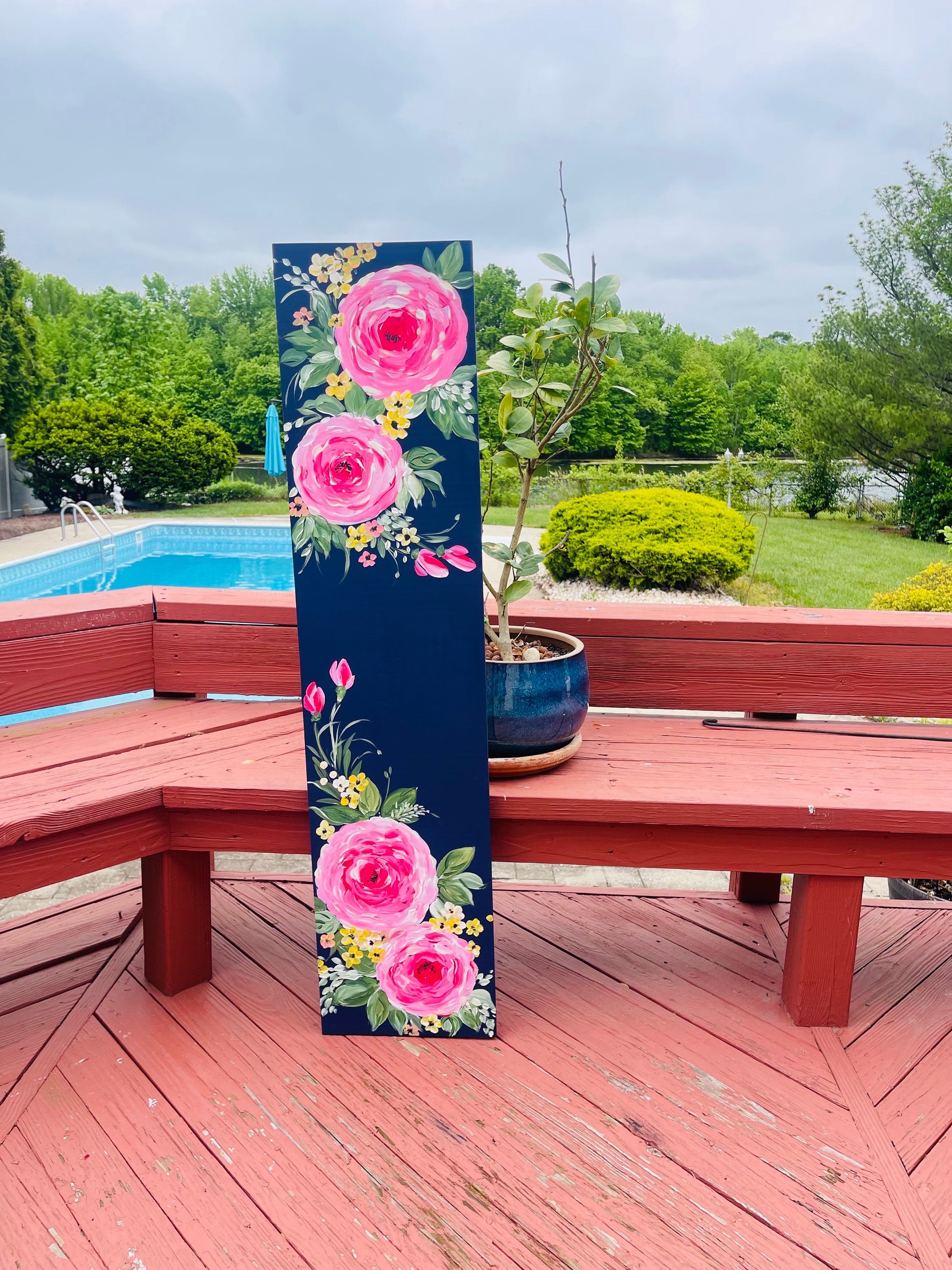 Navy Floral Porch Leaner,roses,summer Porch Decor,pastel Colors,wooden ...