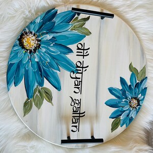 Hand Painted Blue Flowers Wooden Tray With Metal Handles. Personalize ...