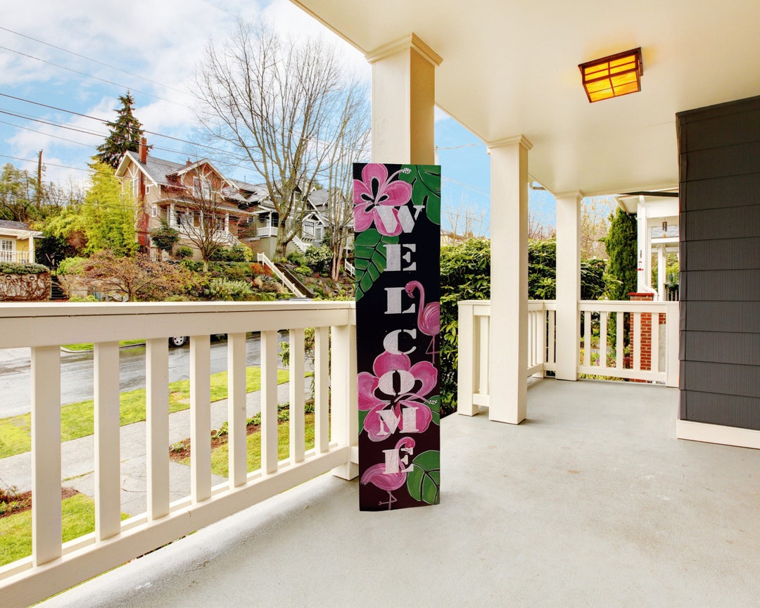 Flamingo Welcome Sign, Pink Flowers, Tall Porch Leaner - Etsy