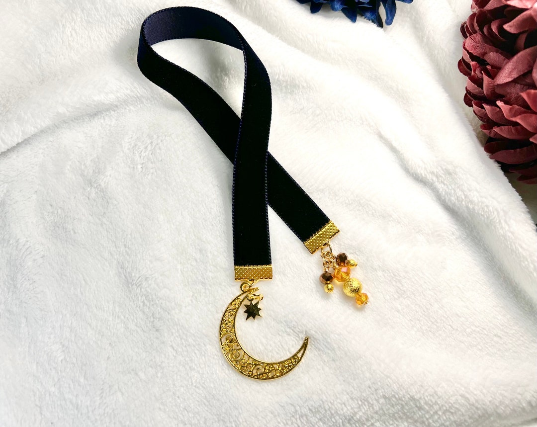 Crescent Moon and Starburst Night Blue Velvet Ribbon, Gift for ...