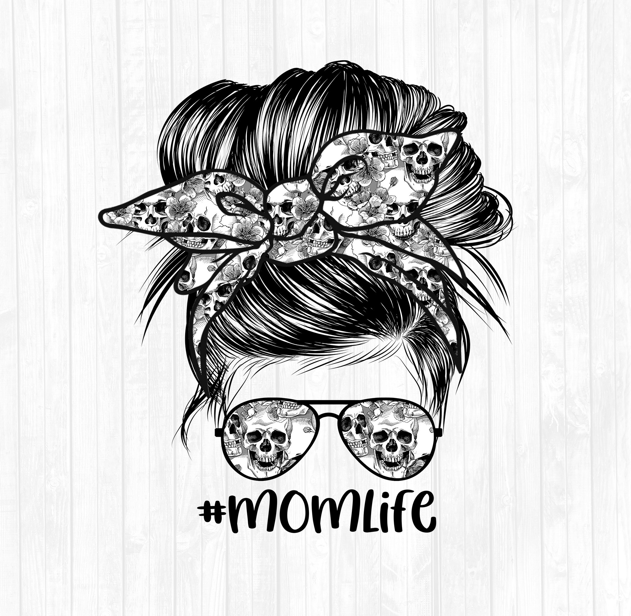 Black and White Skulls Mom Life Messy Bun Hair Sublimation - Etsy